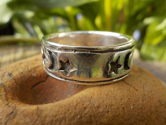 Size 11+ Vintage Sterling Star Crescent Moon Sun Band… - Gem