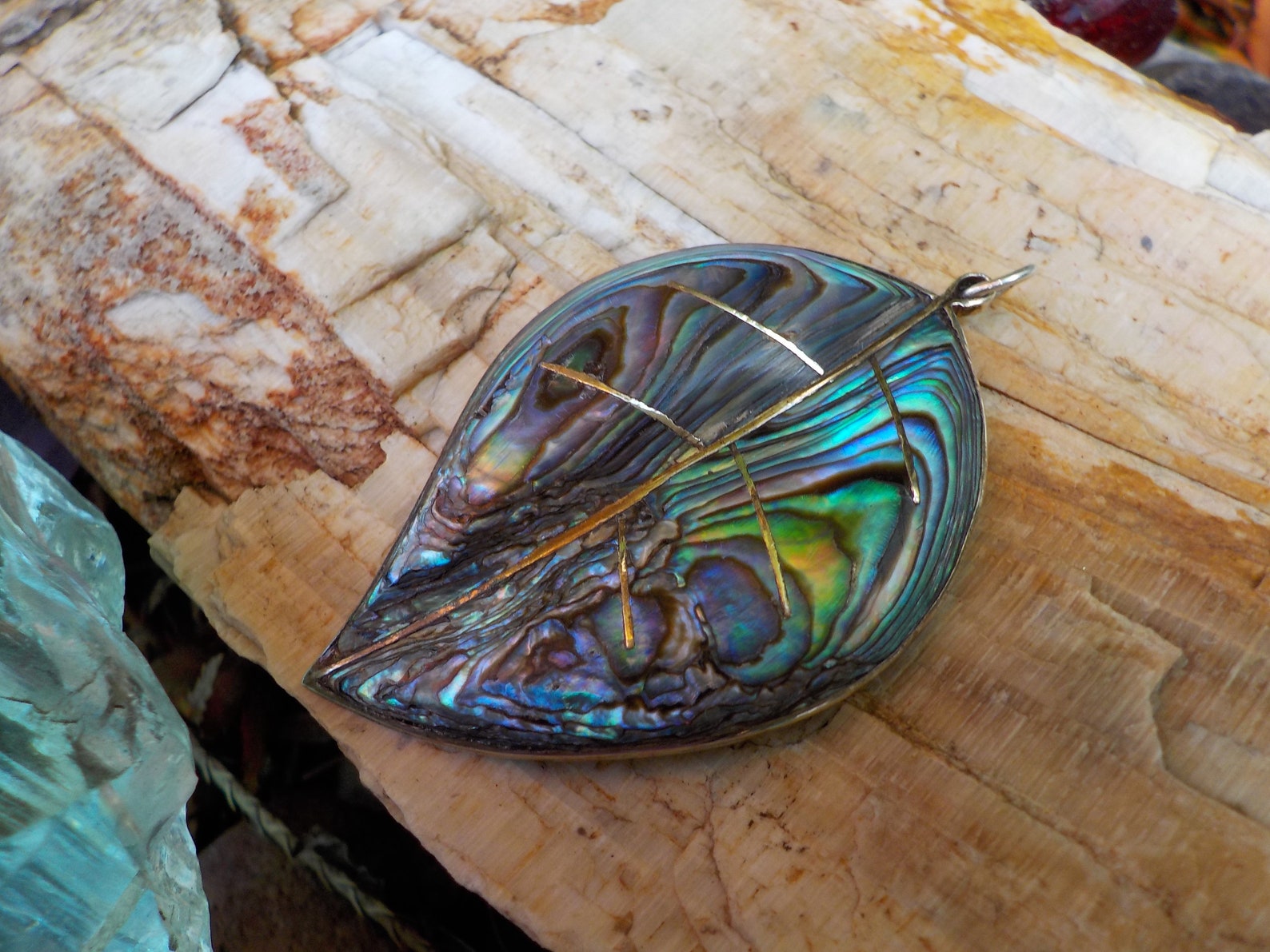 Large Vintage Pendant Rainbow Abalone Paua Shell Sterling Nature Leaf ...