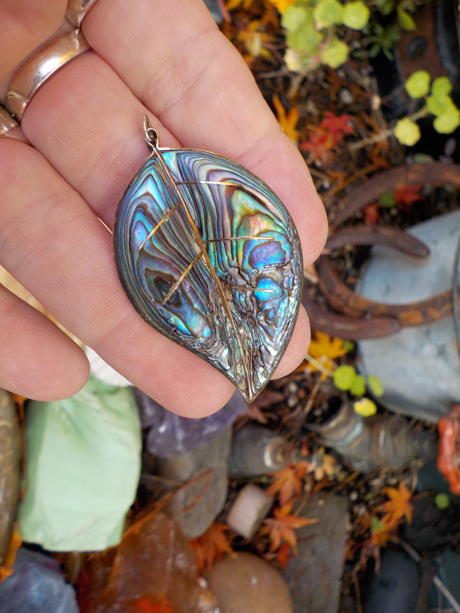 Large Vintage Pendant Rainbow Abalone Paua Shell Sterling Nature Leaf ...