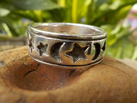 Size 11+ Vintage Sterling Star Crescent Moon Sun Band… - Gem