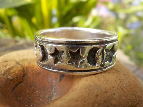 Size 11+ Vintage Sterling Star Crescent Moon Sun Band… - Gem