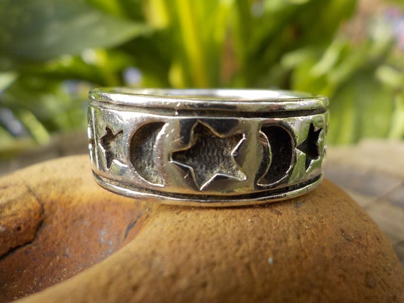 Size 11+ Vintage Sterling Star Crescent Moon Sun Band… - Gem