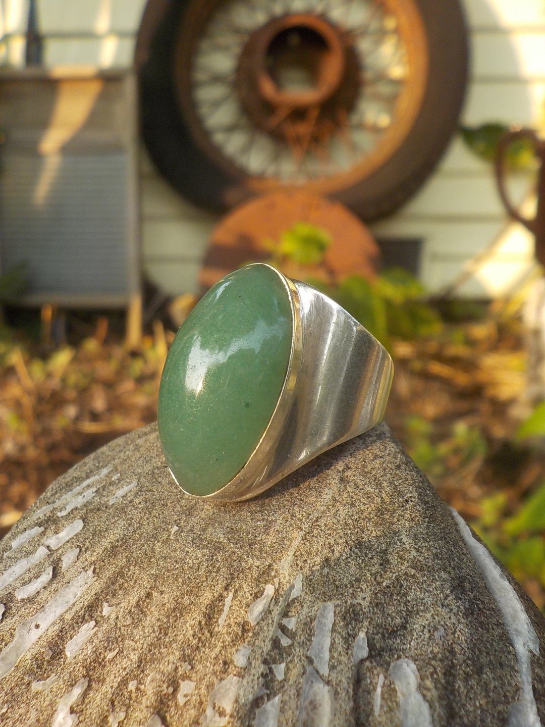 Size 7 Large Vintage Taxco Sterling Green Oval Aventurine Ring Signed ...