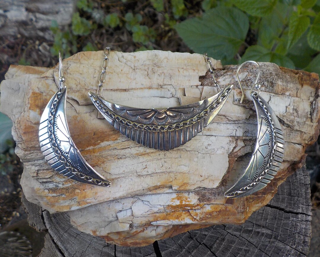 Vintage De Chelly Sterling Crescent Moon Pendant and Earrings Set Rare to Find Excellent ...