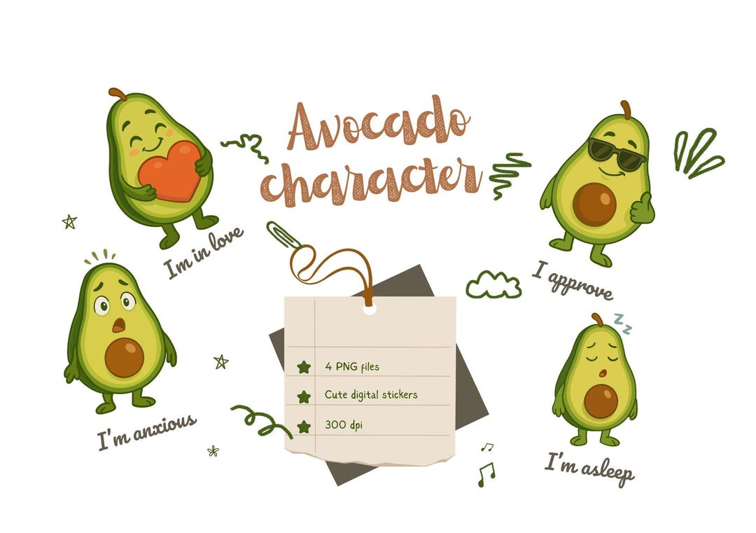 4 Cute Avocado PNG Stickers | Planner Sticker Pack for Goodnotes ...