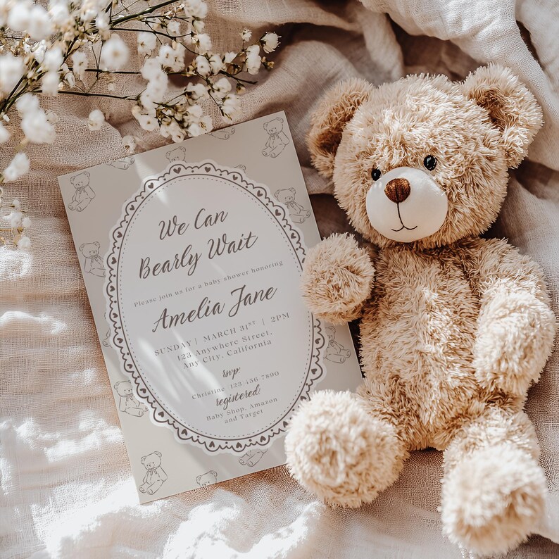 Teddy Bear Invitation Baby Shower Template Digital Invite Bearly Wait ...