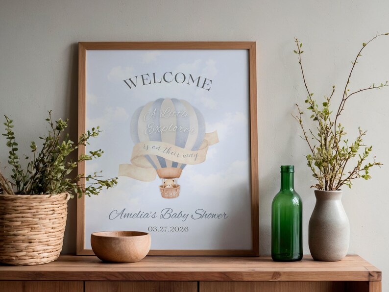 Little Explorer Baby Shower Welcome Sign, Blue Hot Air Balloon ...