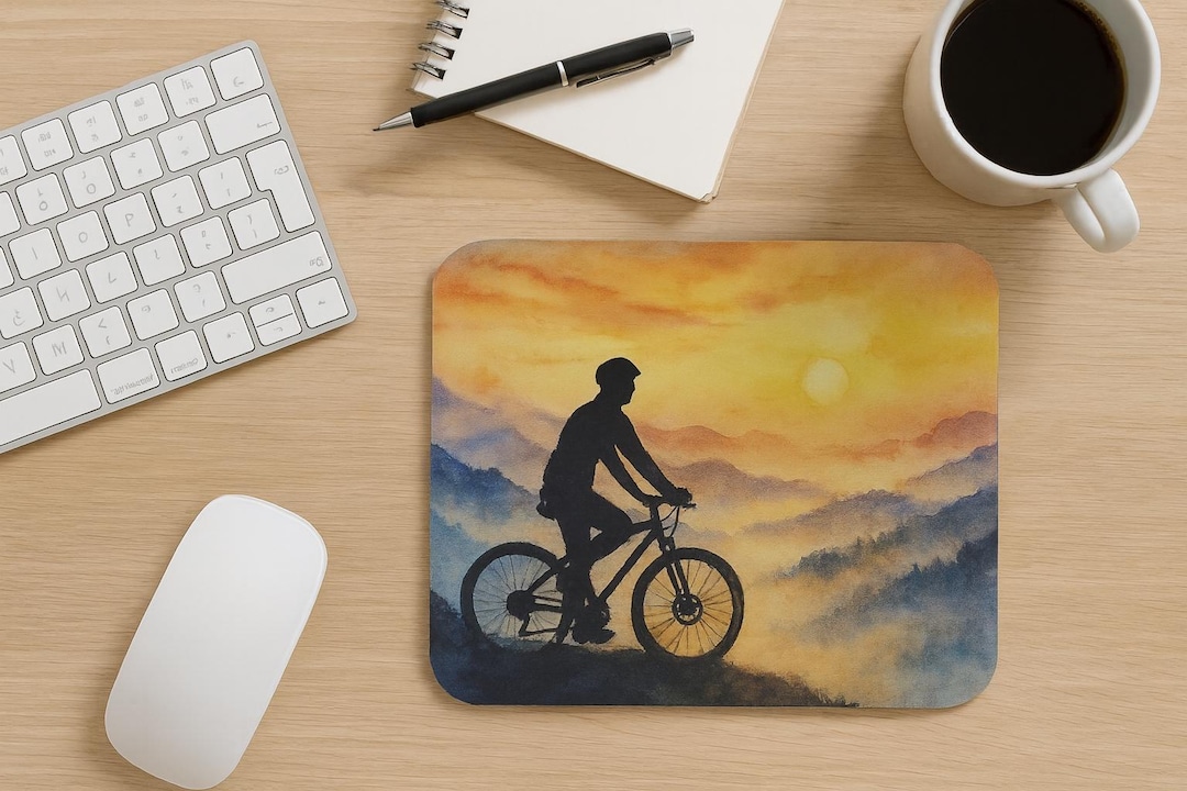 Sunrise Mountain Biking Mouse Pad | Cyclist Silhouette Desk Mat - Etsy