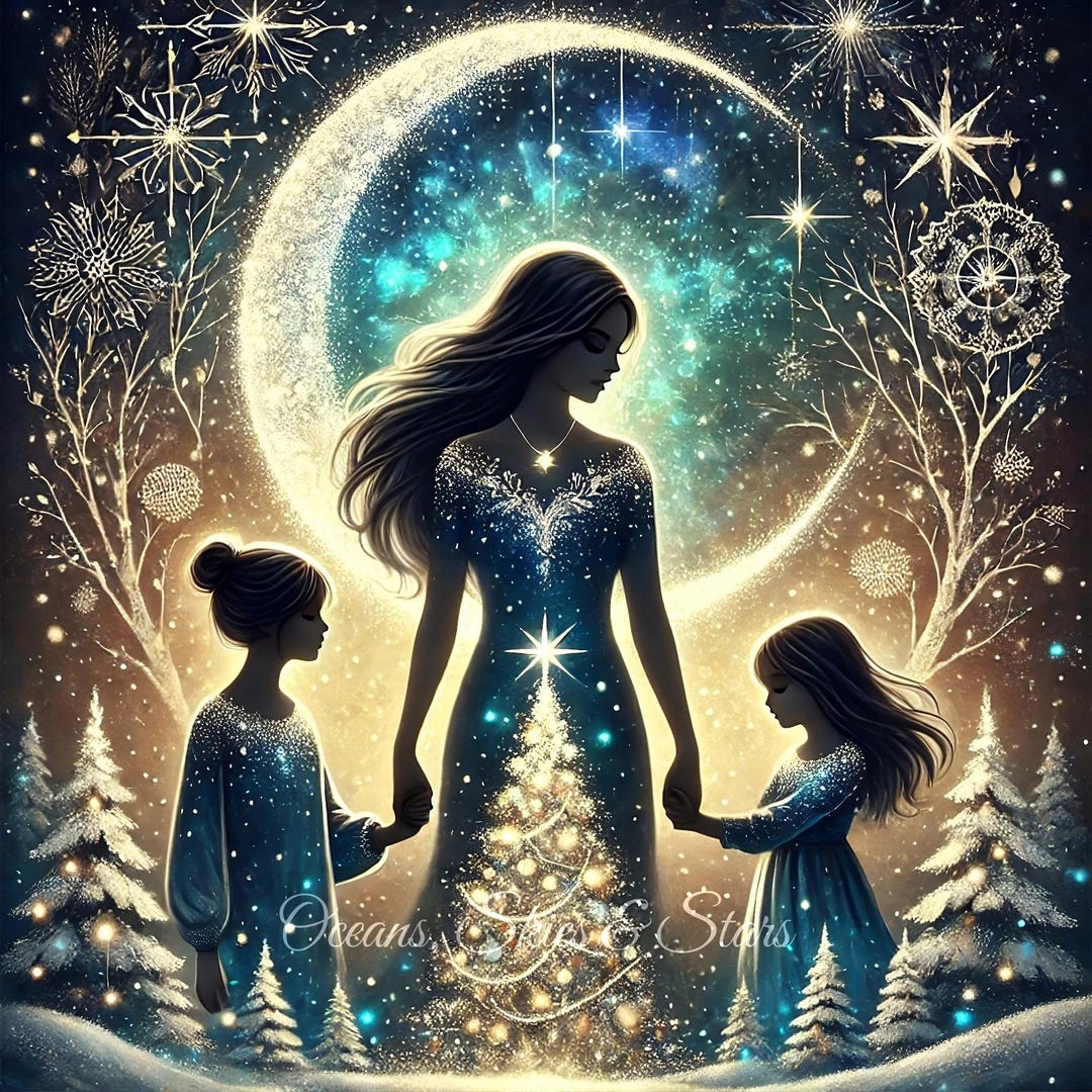 Magical Christmas Family Art — Celestial Mother and Daughters Winter ...