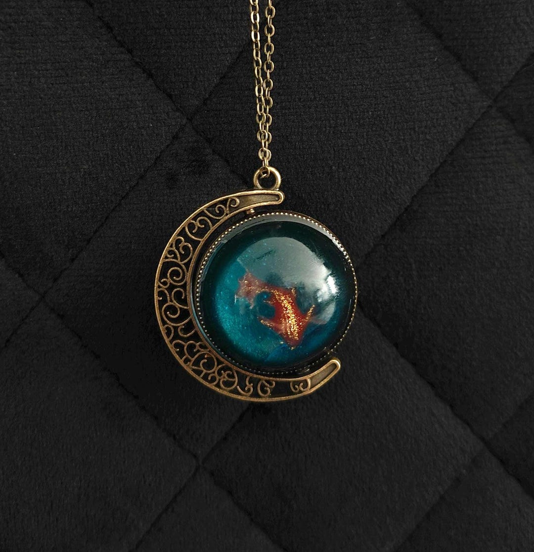Celestial Fish Orb Necklace | Crescent Moon Pendant, Iridescent Resin ...