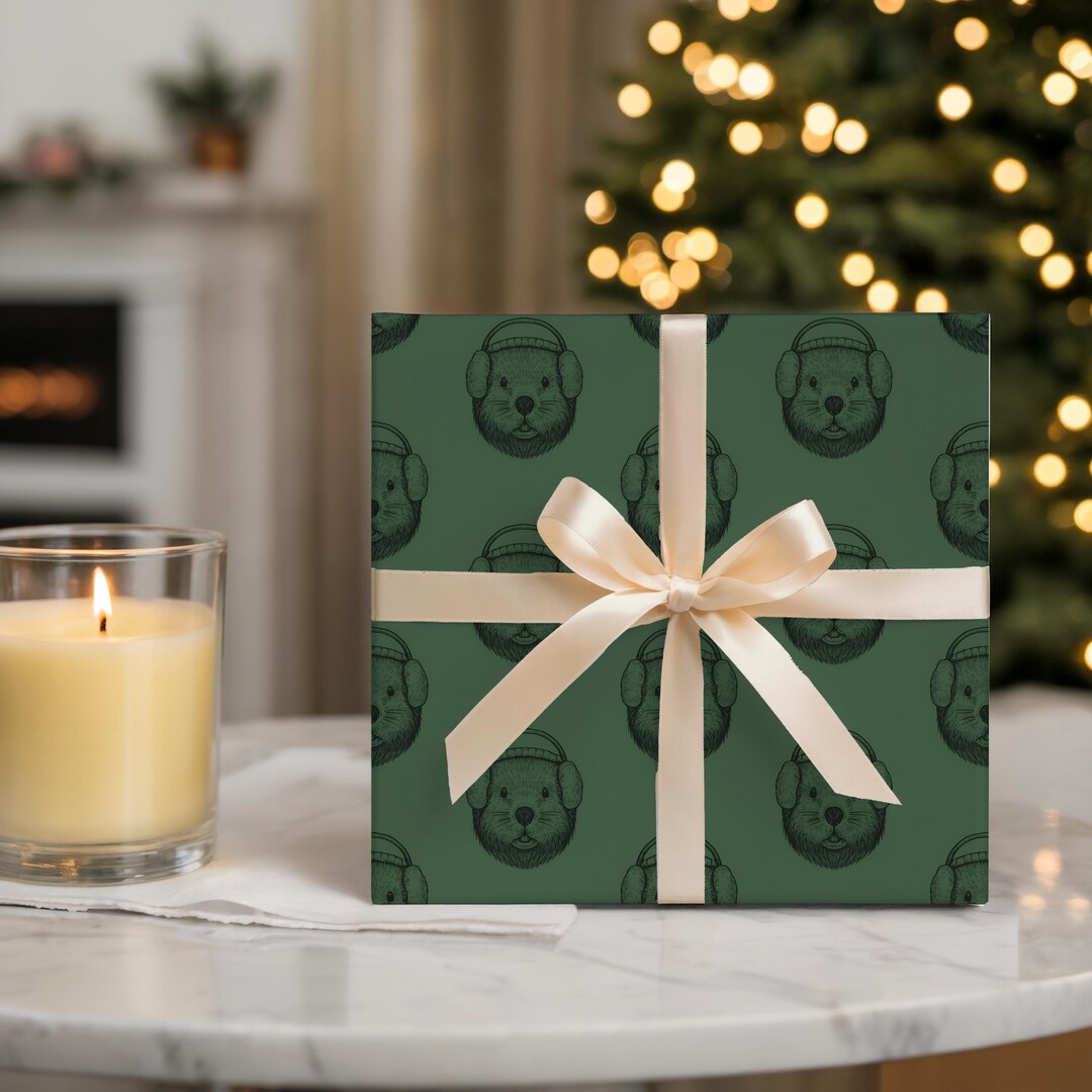 Luxury Evergreen Beaver Wrapping Paper With Earmuffs Woodsy Elegant ...