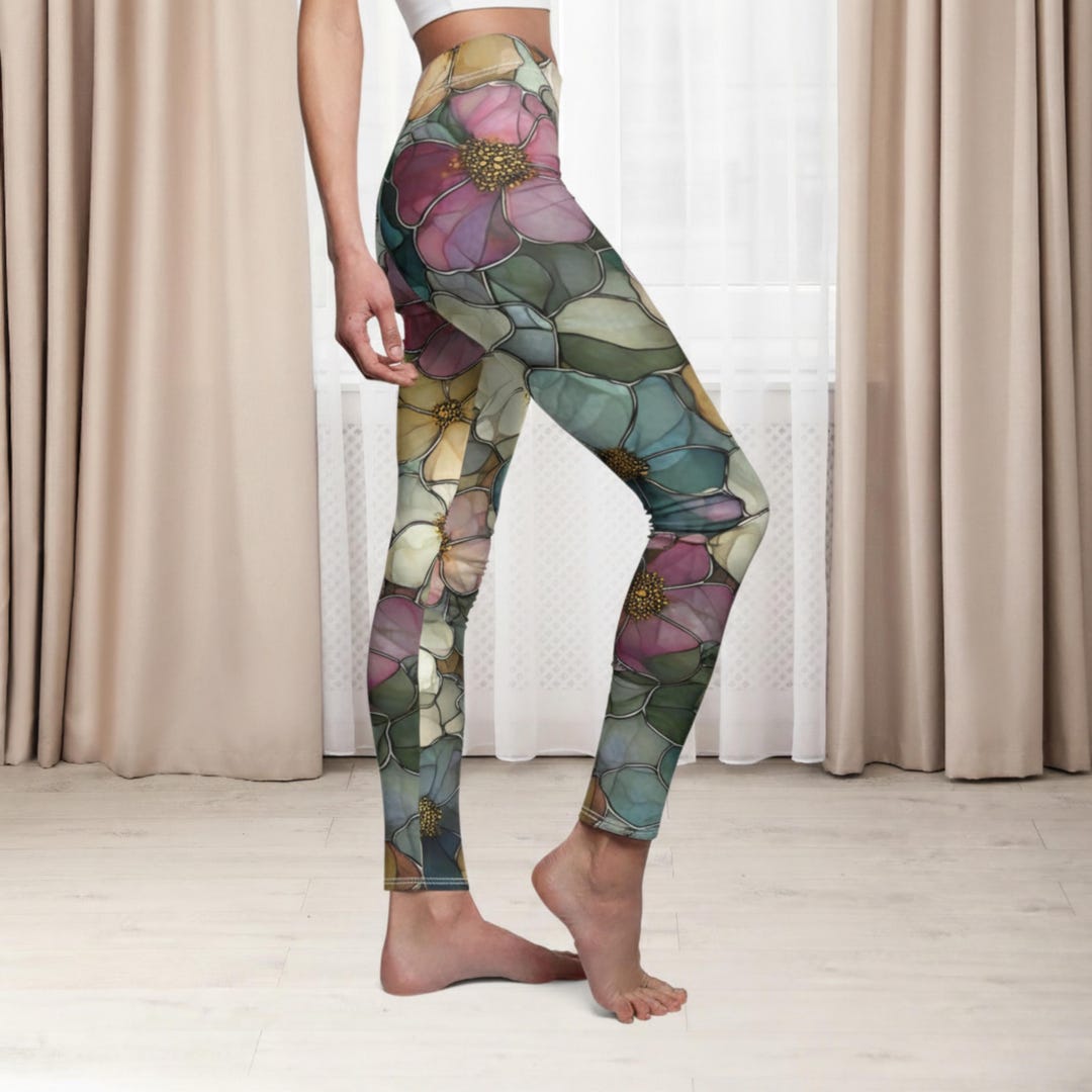 Stained Glass Design Floral Leggings, Elegant Art Nouveau Design ...