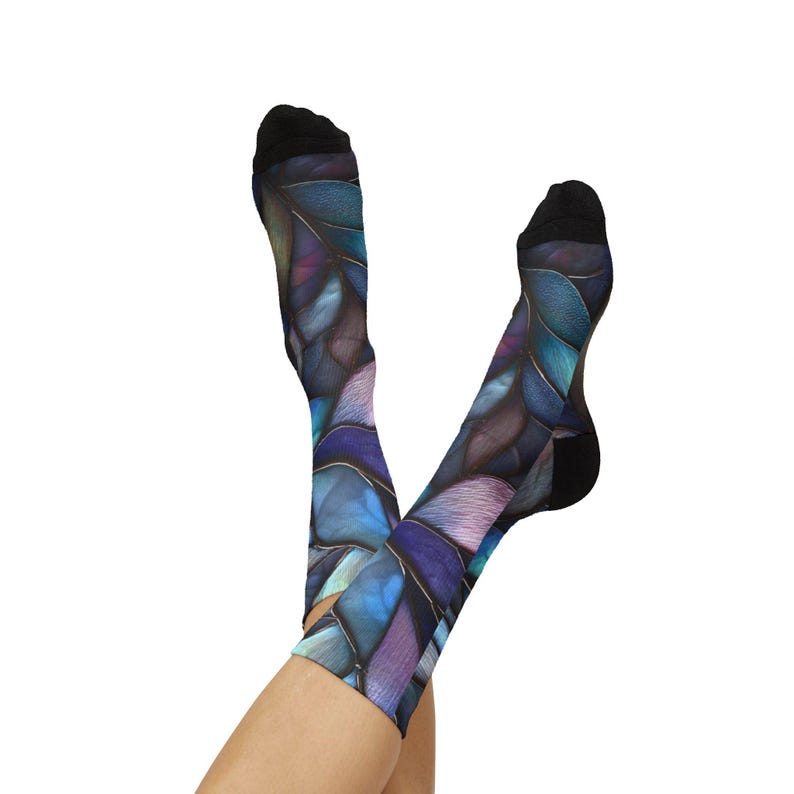 Stained Glass Moonlit Leaf Design Socks, Unisex, Elegant Botanical Pattern, Blue Purple Dreamy ...