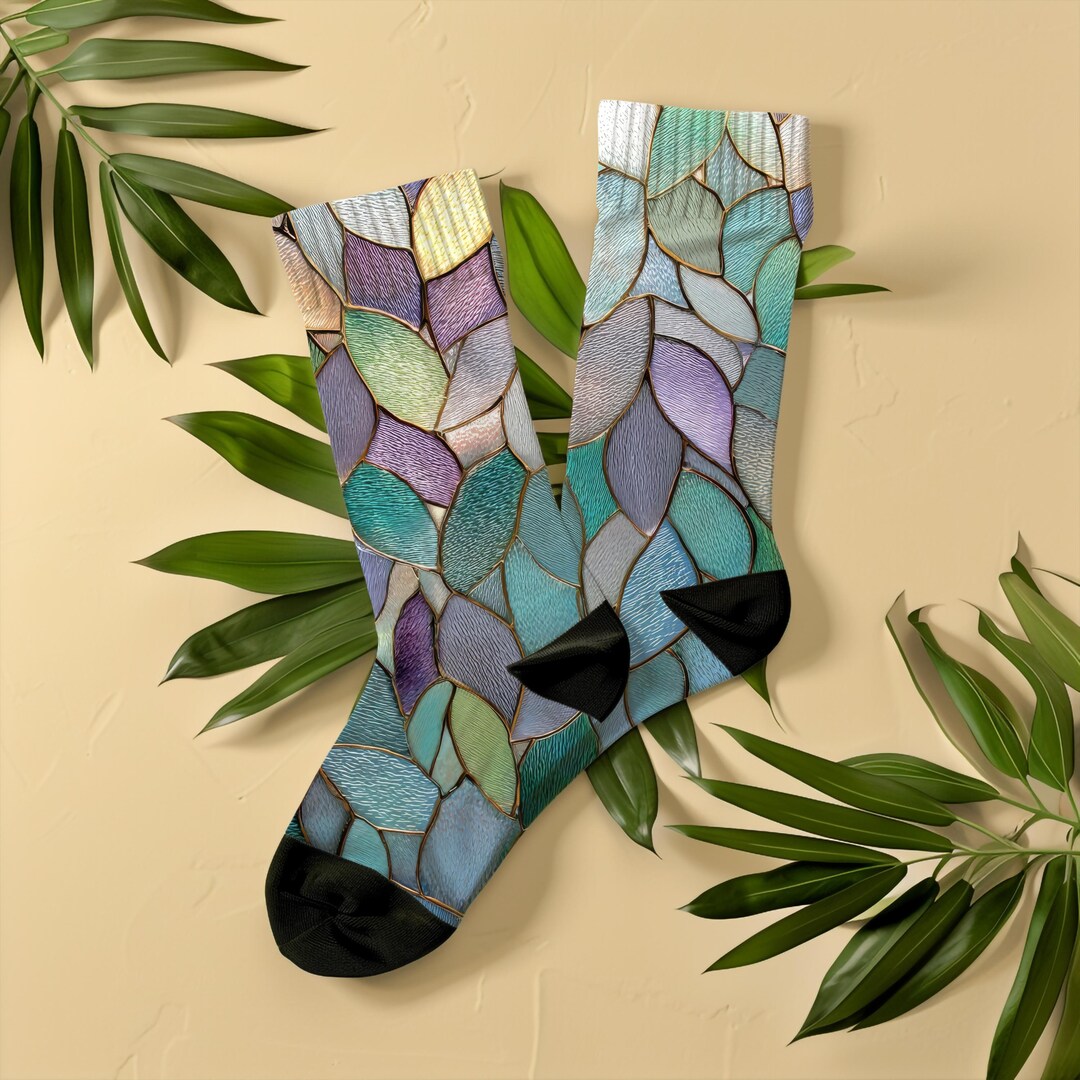 Stained Glass Pastel Leaf Design Socks, Unisex, Elegant Botanical Pattern, Garden Lovers Socks ...