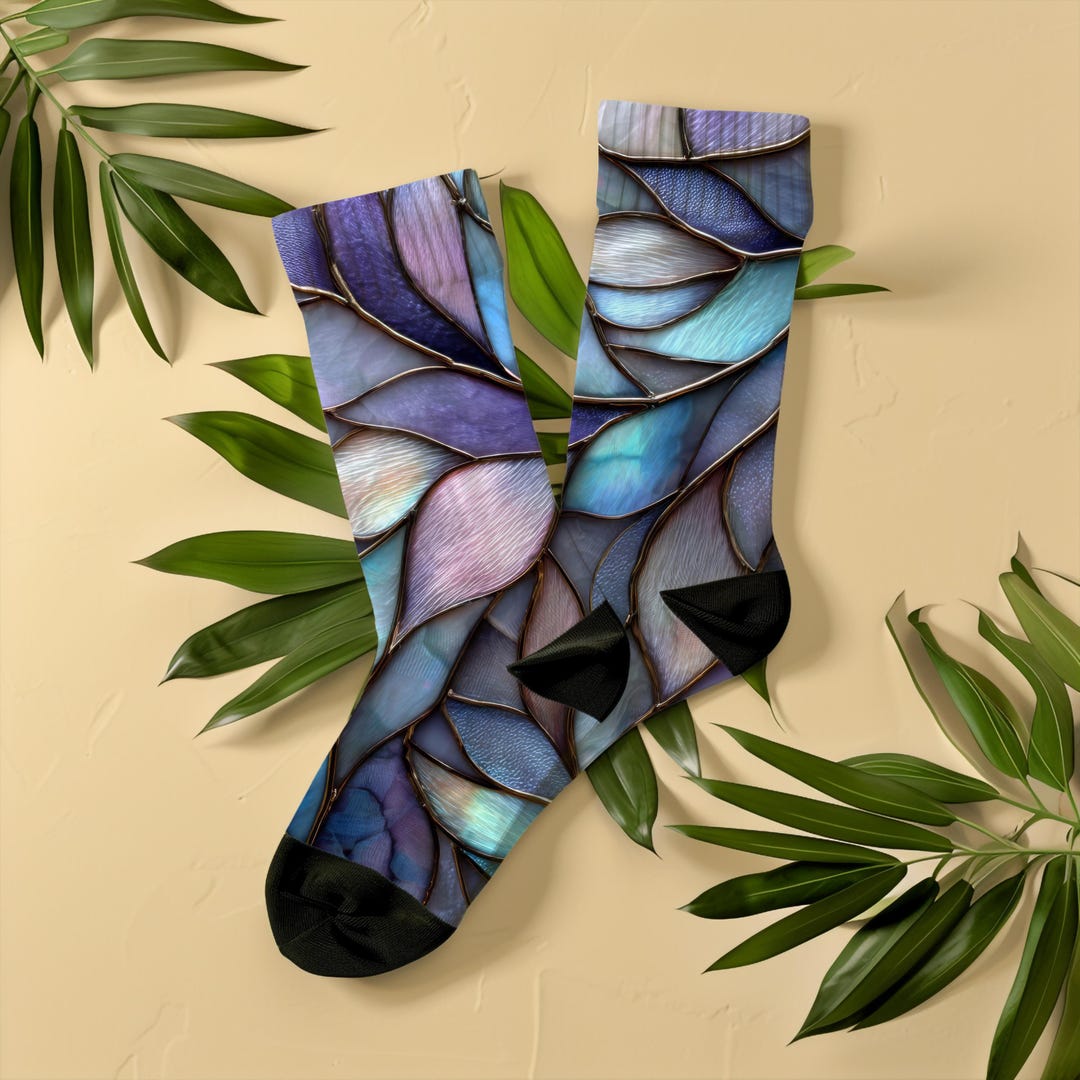 Stained Glass Moonlit Leaf Design Socks, Unisex, Elegant Botanical Pattern, Blue Purple Dreamy ...