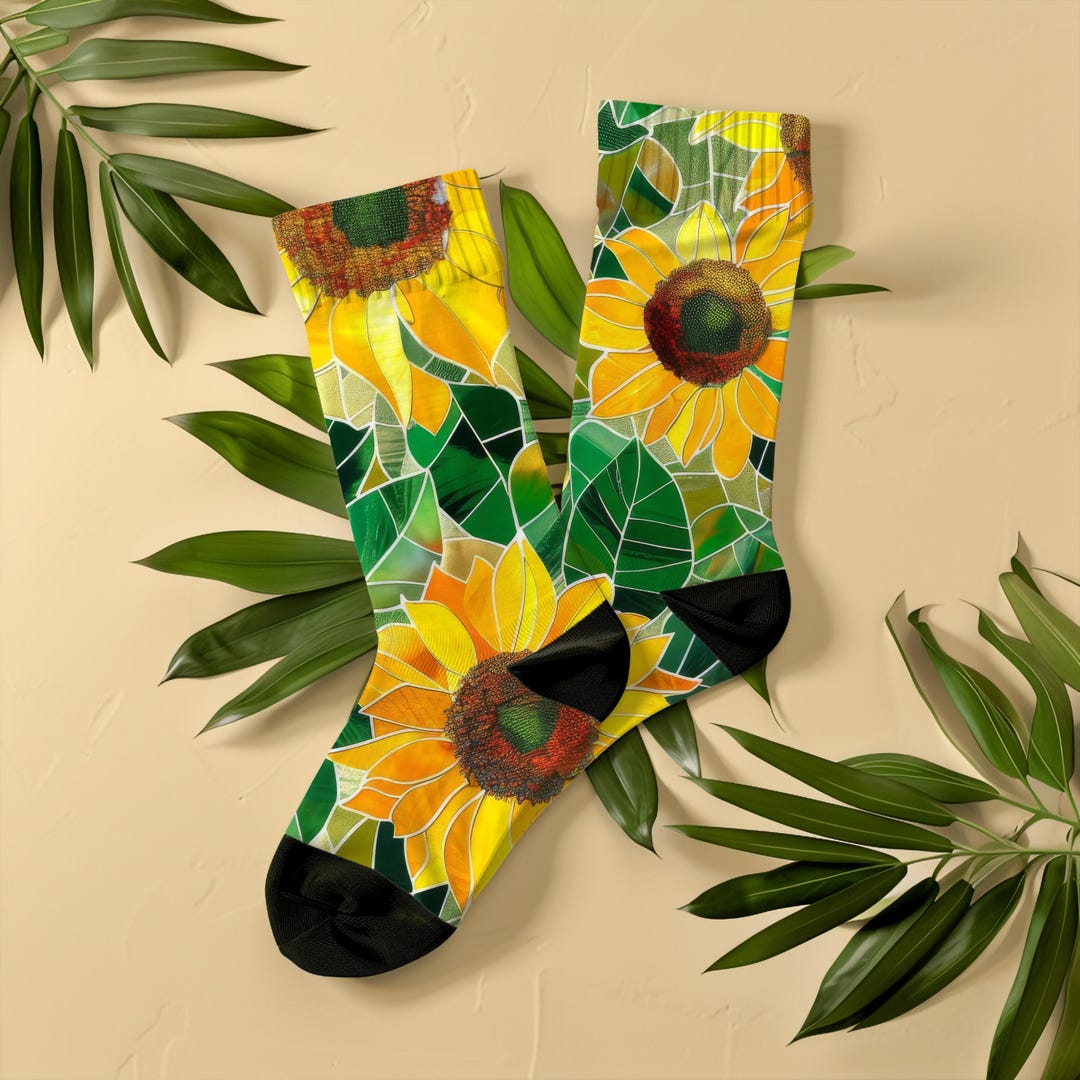 Stained Glass Sunflower Socks, Unisex, Botanical Floral Art Socks, Gift ...