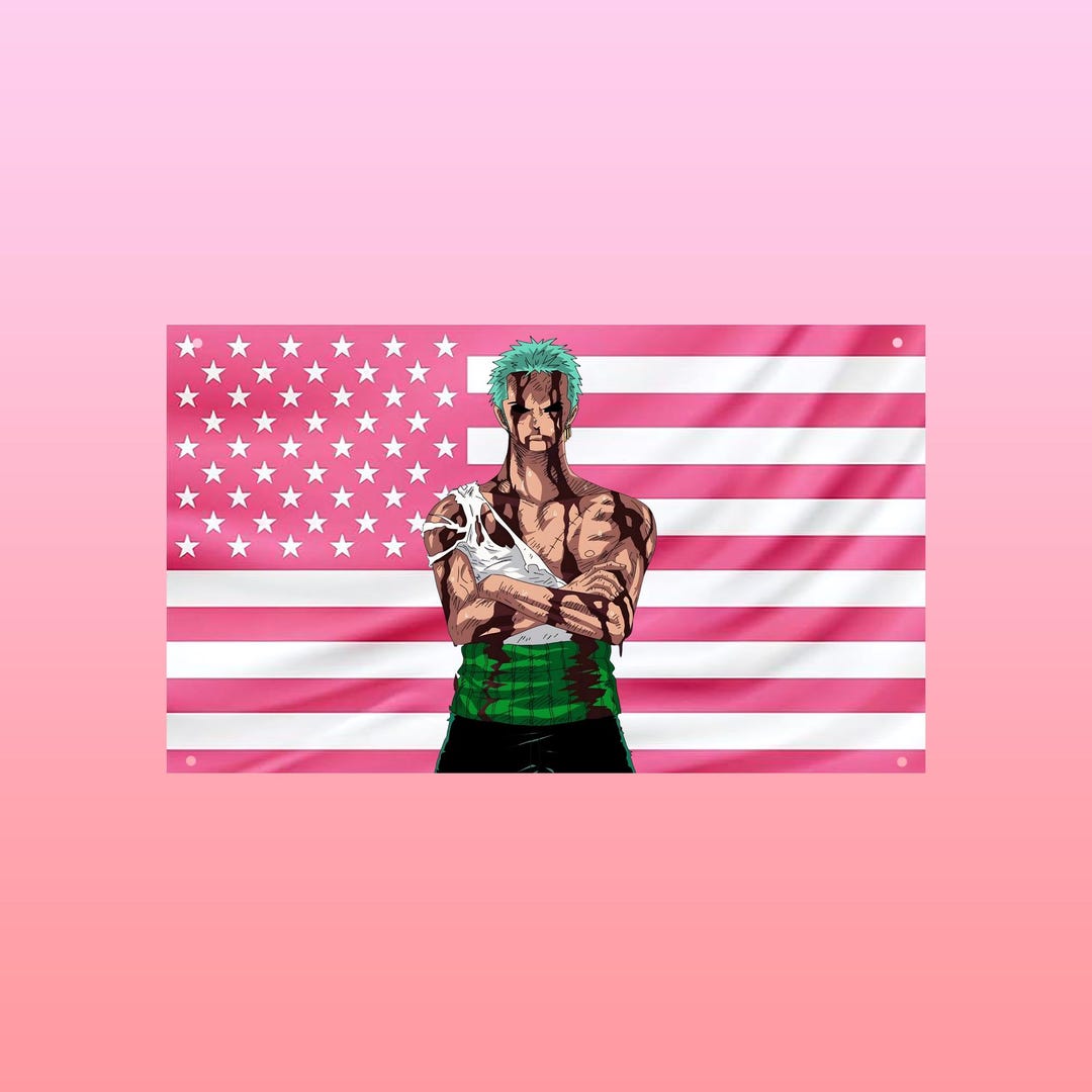 Roronoa Zoro Pink American Flag Tapestry | One Piece Anime Wall Flag ...