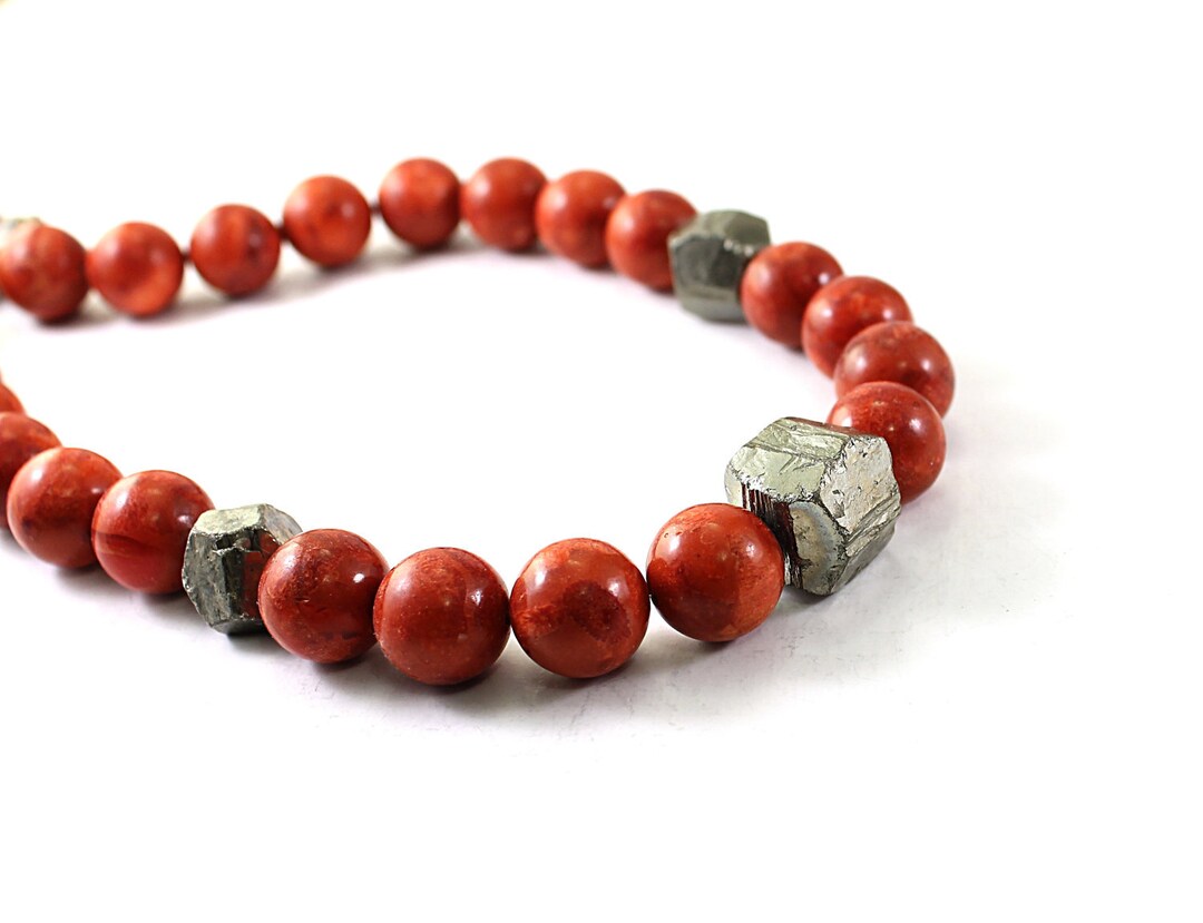 Real Coral Necklace for Women Raw Pyrite Chunky Statement Jewelry Red ...