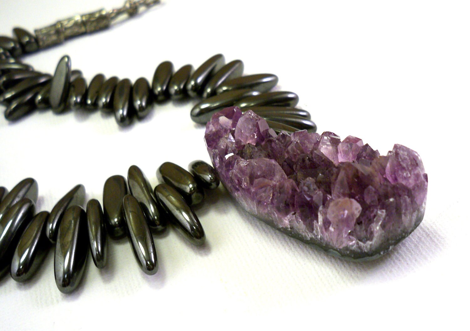 Hematite Spikes and Amethyst Druzy Necklace for Women Natural Gemstone ...