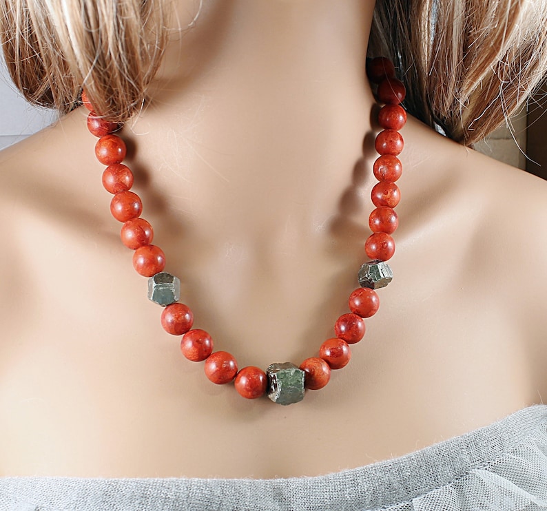 Real Coral Necklace for Women Raw Pyrite Chunky Statement | Etsy