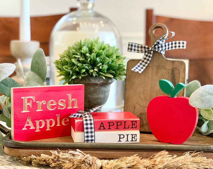 Wooden Apple Decor, Apple Pie Book Stack, Fall Book Stack, Farmhouse ...
