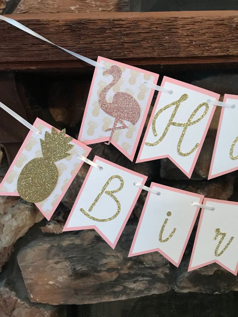 Pineapple Flamingo Pink and Gold Birthday Banner, Flamingo Party, Pool ...