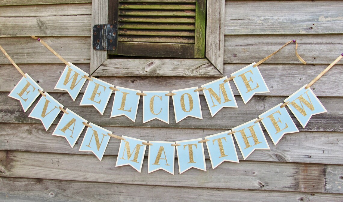 Welcome Baby Cream Blue and Gold Banner Baby Shower Banner - Etsy