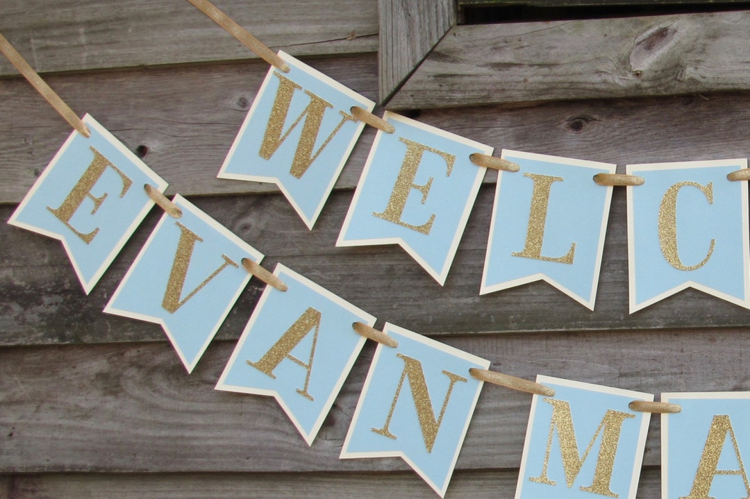 Welcome Baby Cream, Blue and Gold Banner, Baby Shower Banner, Blue and ...