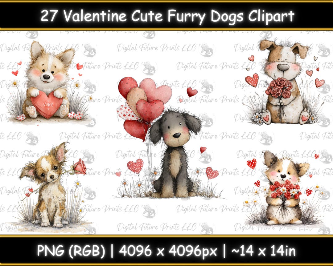 Valentine Dogs Clipart Set Cute Dog Art PNG Whimsical Pets Puppy Love ...