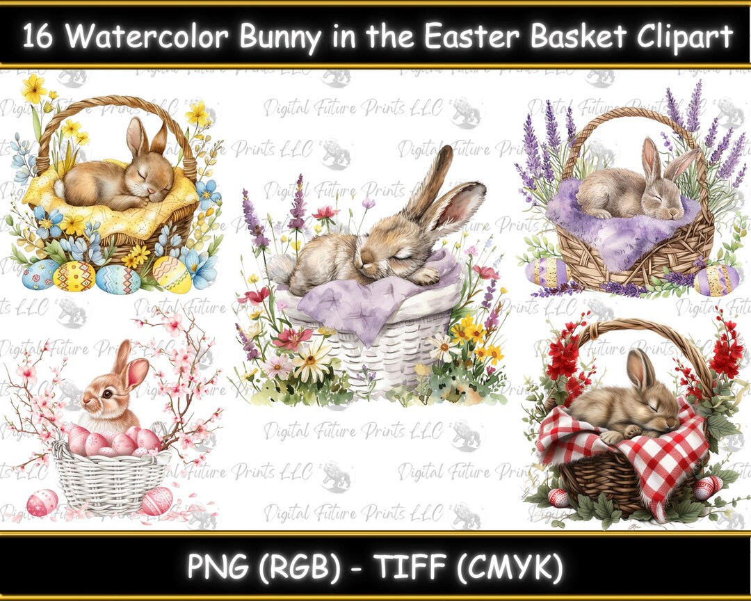 Easter Bunny Clipart PNG Cute Basket Eggs Floral Pastel Spring Gingham ...