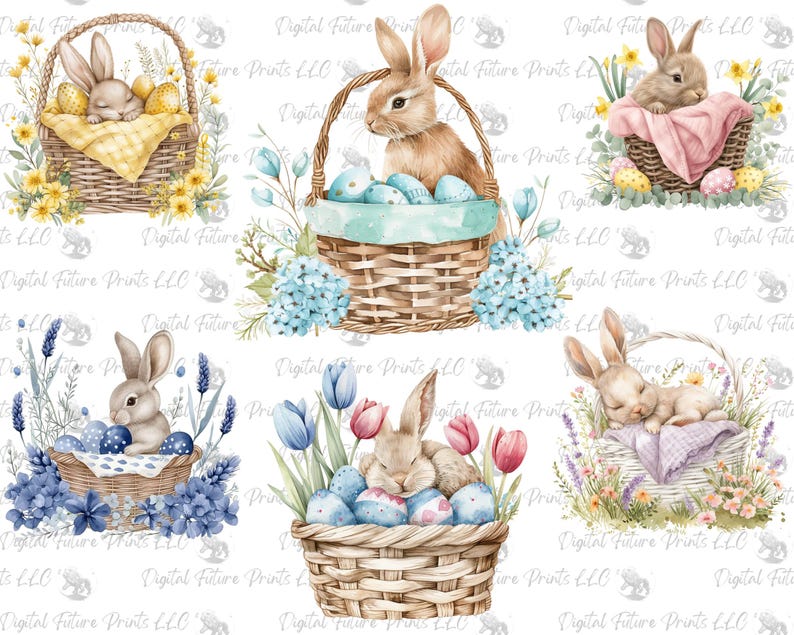Easter Bunny Clipart PNG Cute Basket Eggs Floral Pastel Spring Gingham ...