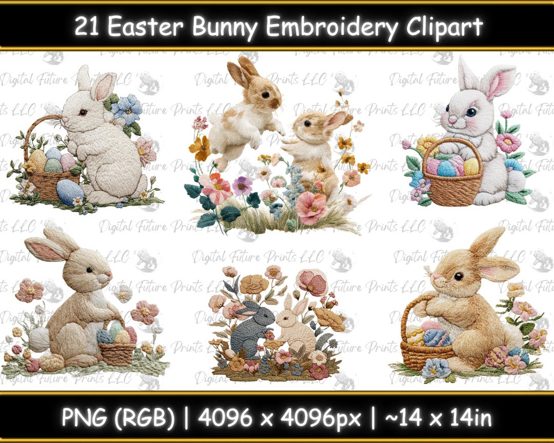 Easter Bunny Embroidery Clipart Bundle Floral Rabbit PNG Vintage Spring ...