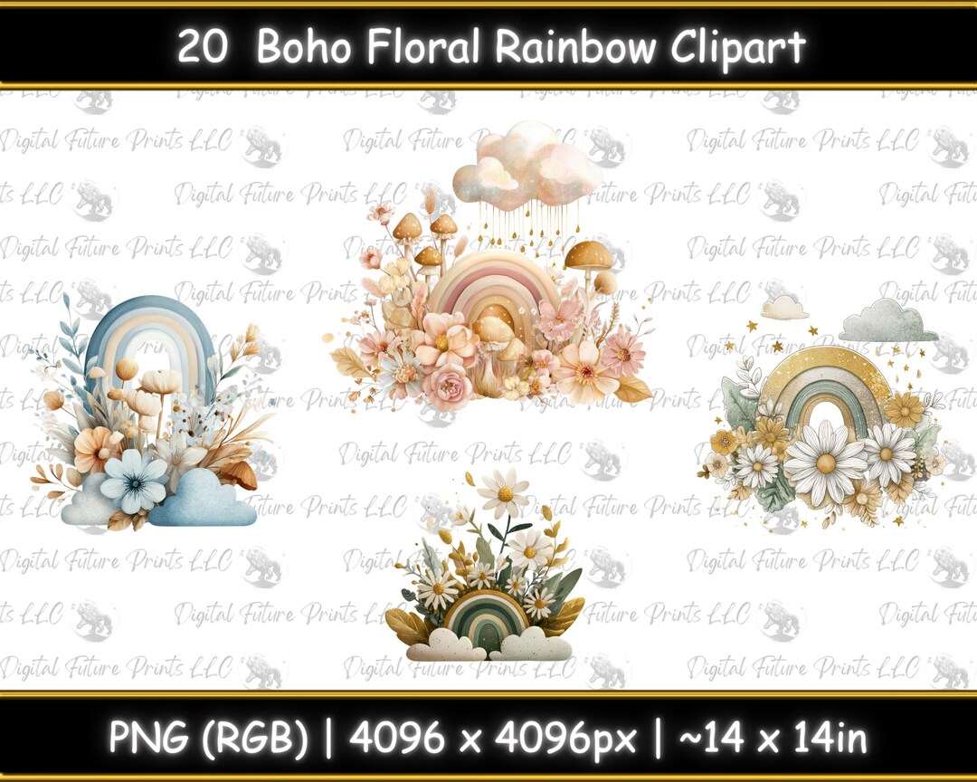 Boho Rainbow Clipart Bundle PNG Floral Rainbow Nursery Art Neutral Boho ...