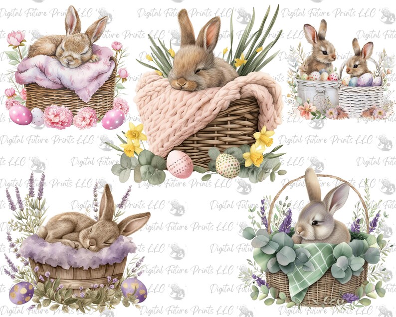 Easter Bunny Clipart PNG Cute Basket Eggs Floral Pastel Spring Gingham ...