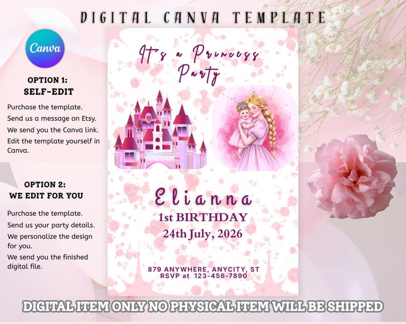 Princess Birthday Party Invitation Template | Editable Canva Invite ...