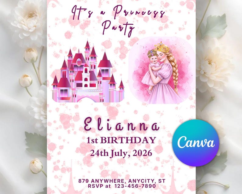 Princess Birthday Party Invitation Template | Editable Canva Invite ...