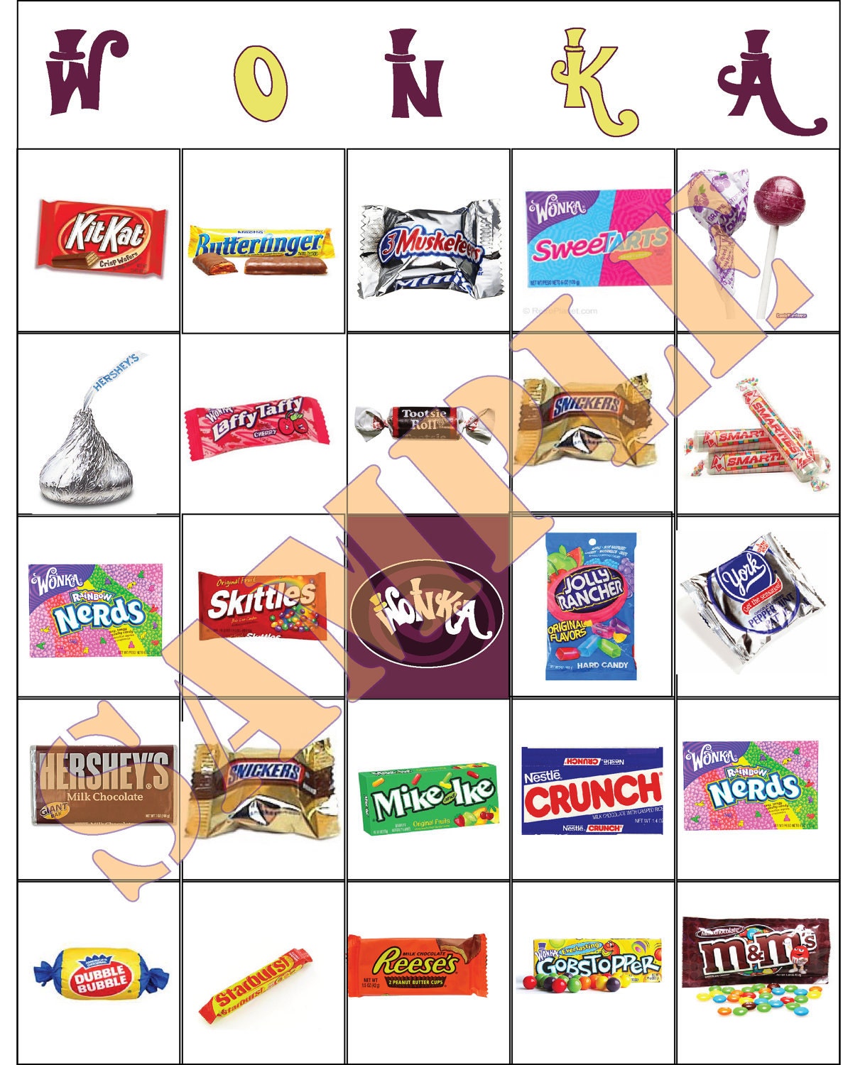 WILLY WONKA Candy Bingo Party Game Cards - DIY Printable - (set of 25 ...