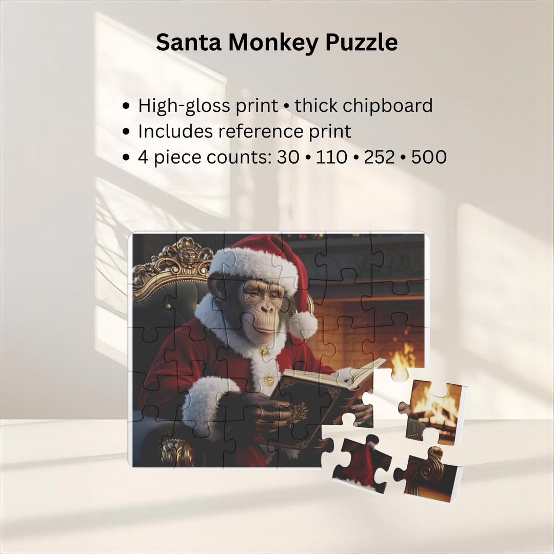 Santa Monkey Christmas Puzzle – Cozy Fireplace Chimpanzee Art - Etsy