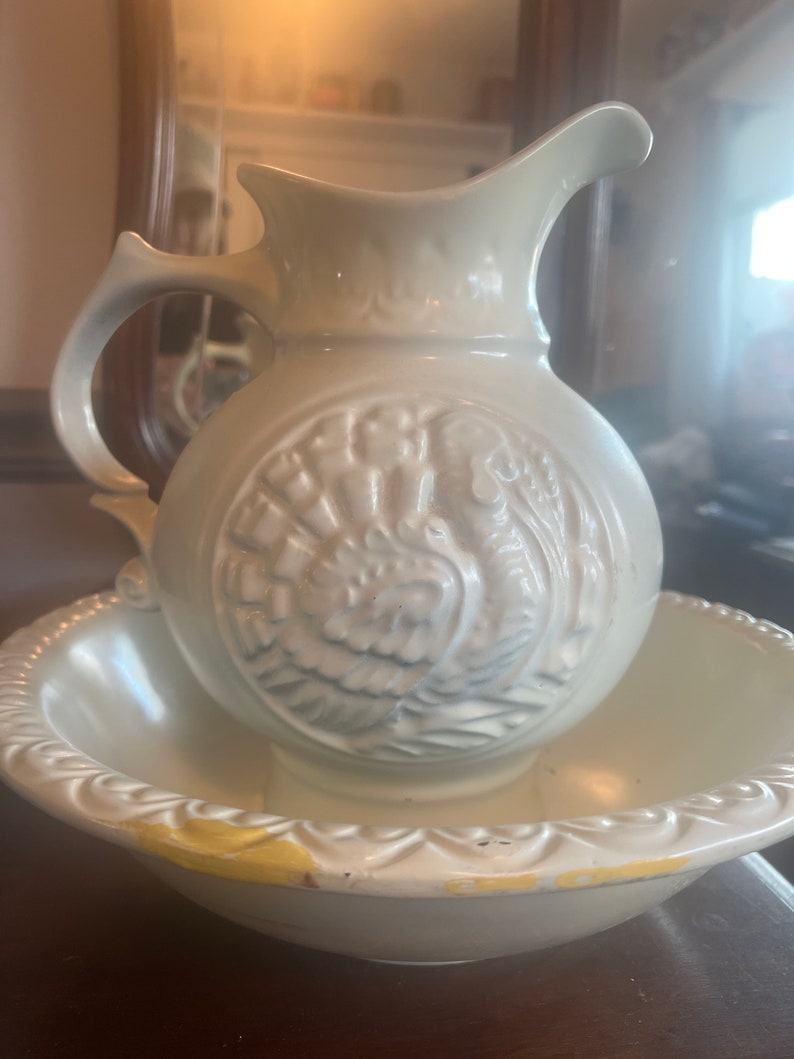 Mccoy Pitcher Bowl Set/vintage Pottery Mccoy Turkey Pitcher & Bowl ...