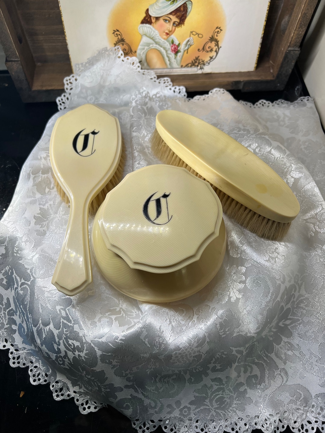 Du Barry Ivory Vanity Set pyralin Art Deco Powder Jar-1930s Brush and ...