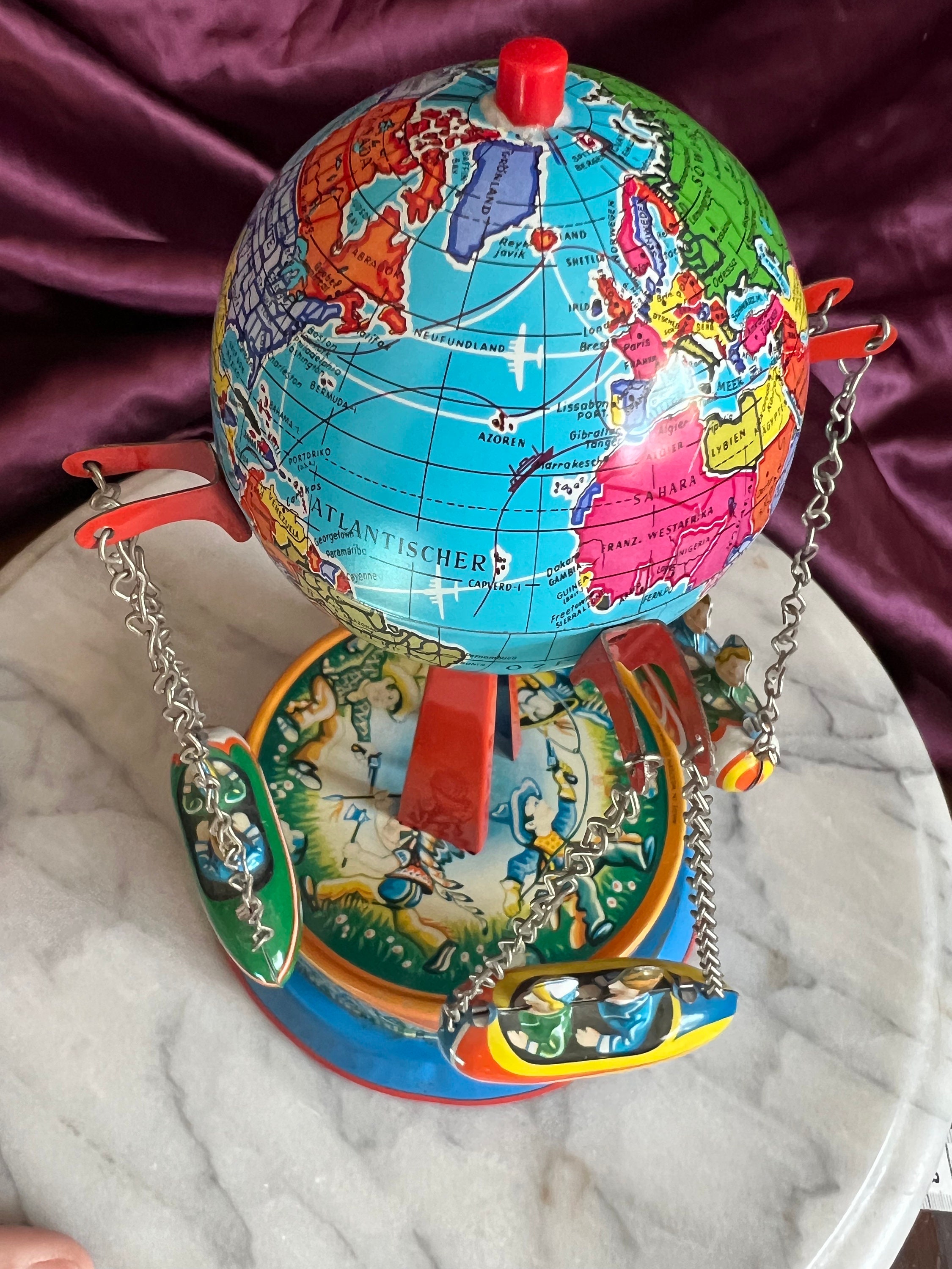 Vintage Tin Litho Globe Carousel With Rocket Riders West Germany 1950s ...
