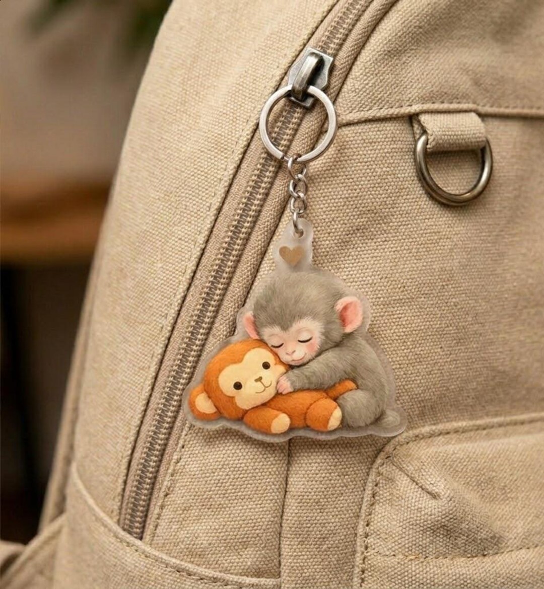 Punch Monkey Keychain - Baby Monkey Holding Plush Toy Acrylic Keychain ...