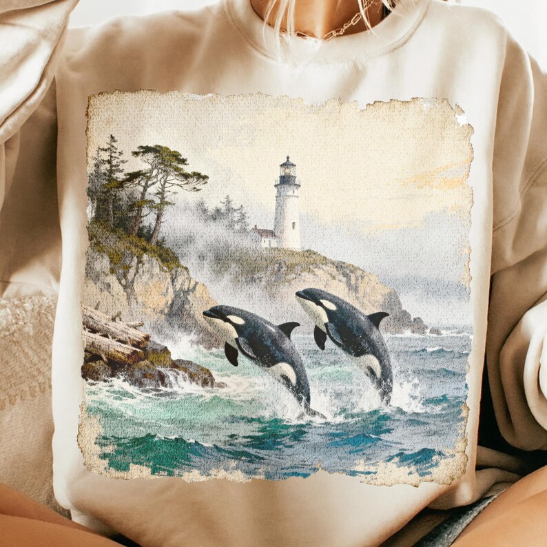Orca Whale Lighthouse Art PNG, Coastal Ocean Painting, Vintage Nautical ...