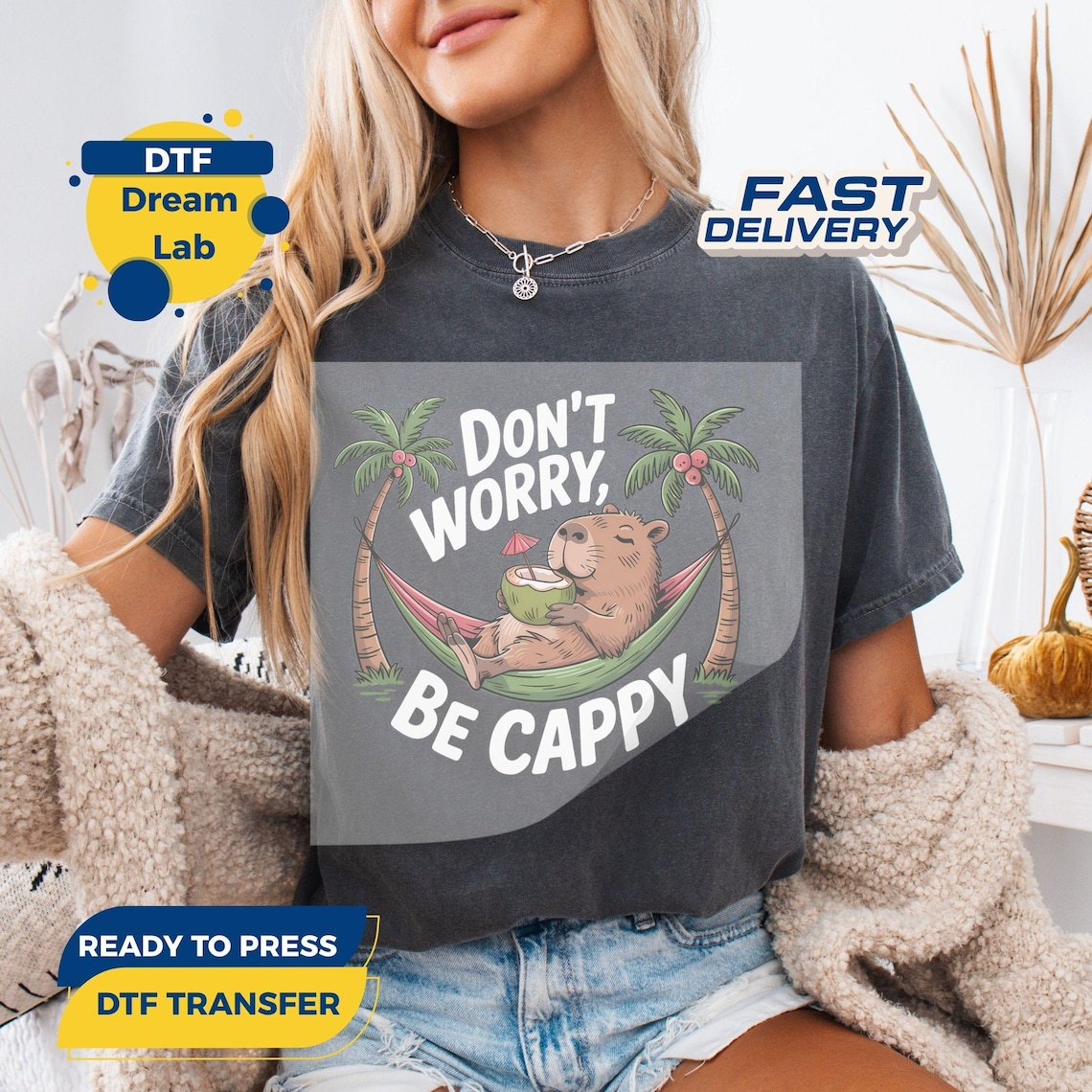 Don't Worry Be Cappy Capybara DTF Transfer, Funny Animal Meme Iron On ...