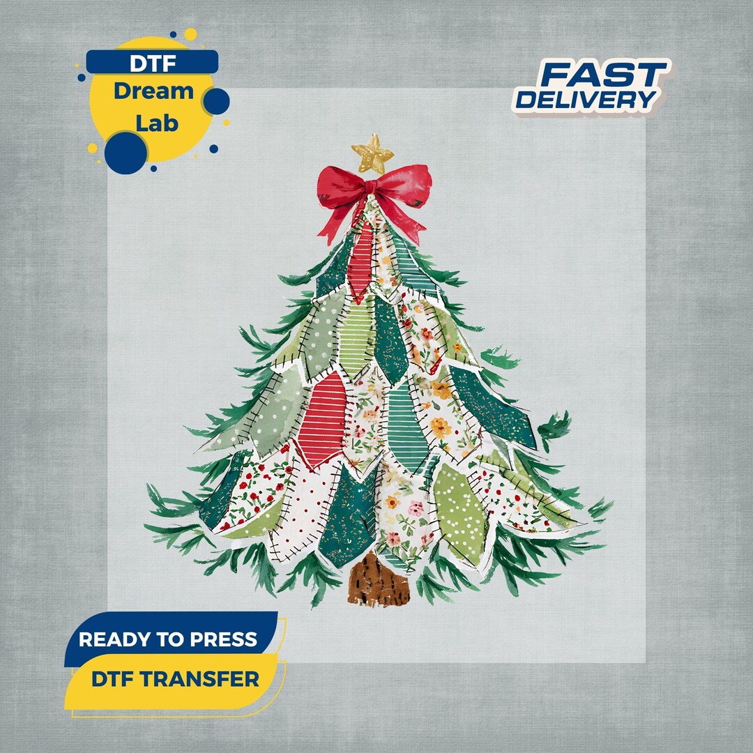 Patchwork Christmas Tree DTF Transfer, Xmas Ready to Press, Holiday ...