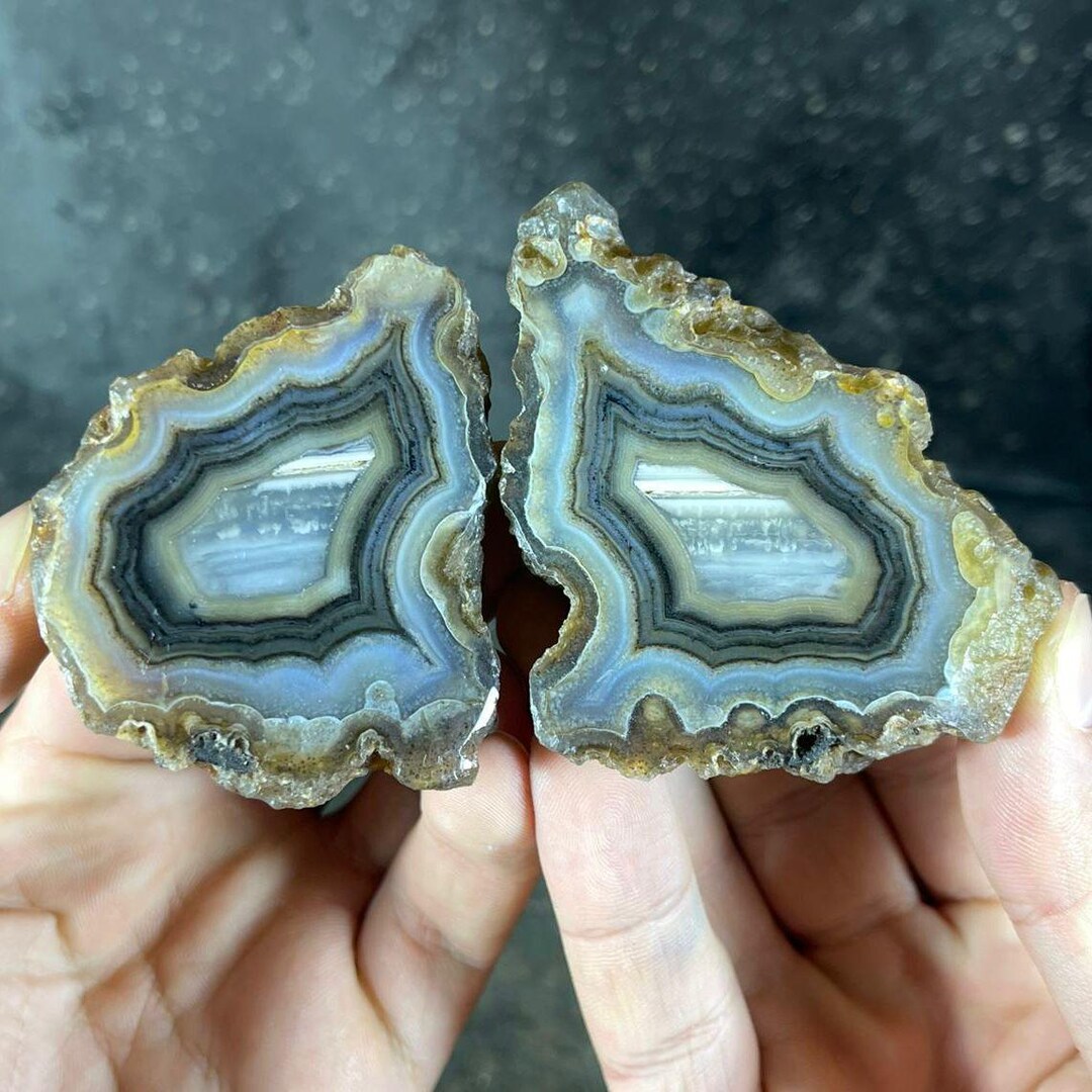 Blue-gray Waterline Agate Geode Pair – Natural Crystal Decor (205g) - Etsy