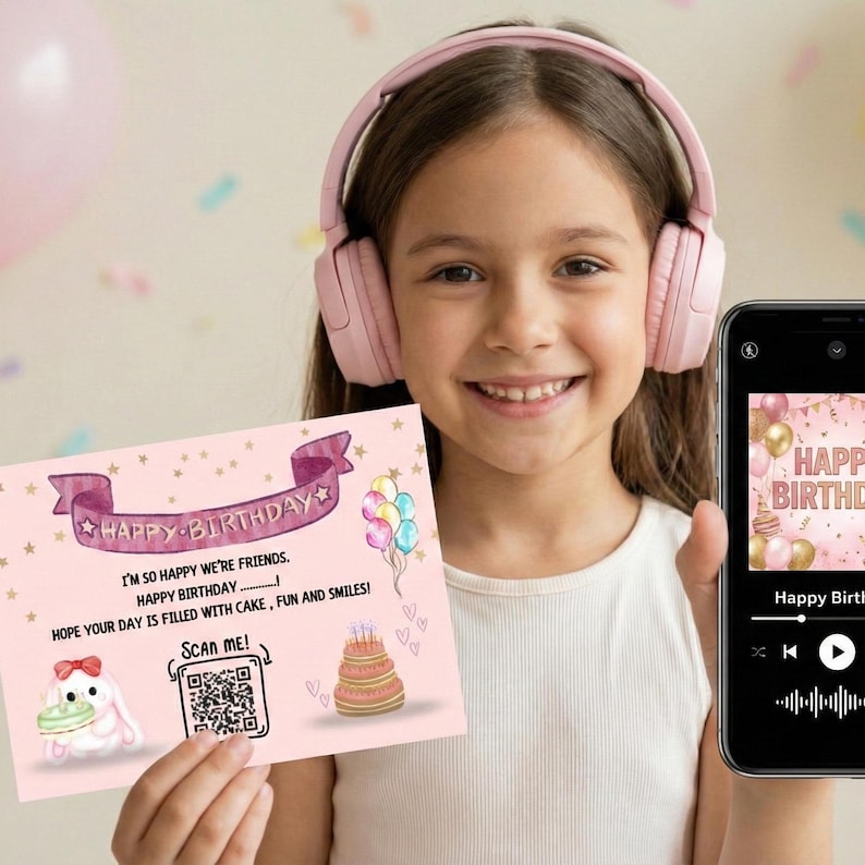 Editable Pink Bunny Birthday Card Canva Template | Interactive QR Code ...