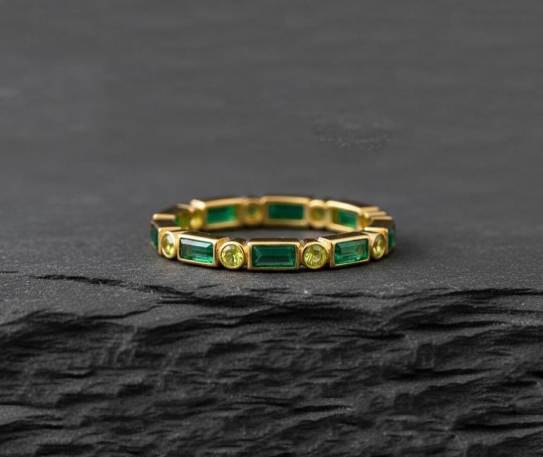 Baguette Cut Emerald and Peridot Full Eternity Band, Toi Et Moi Ring ...