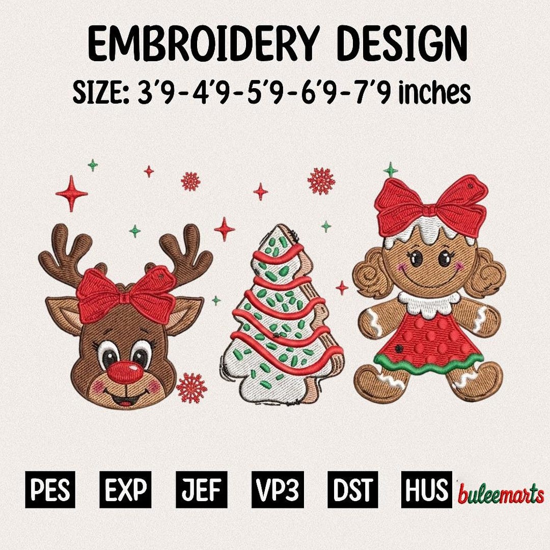 Christmas Reindeer Gingerbread Girl Tree Embroidery Design, Instant ...