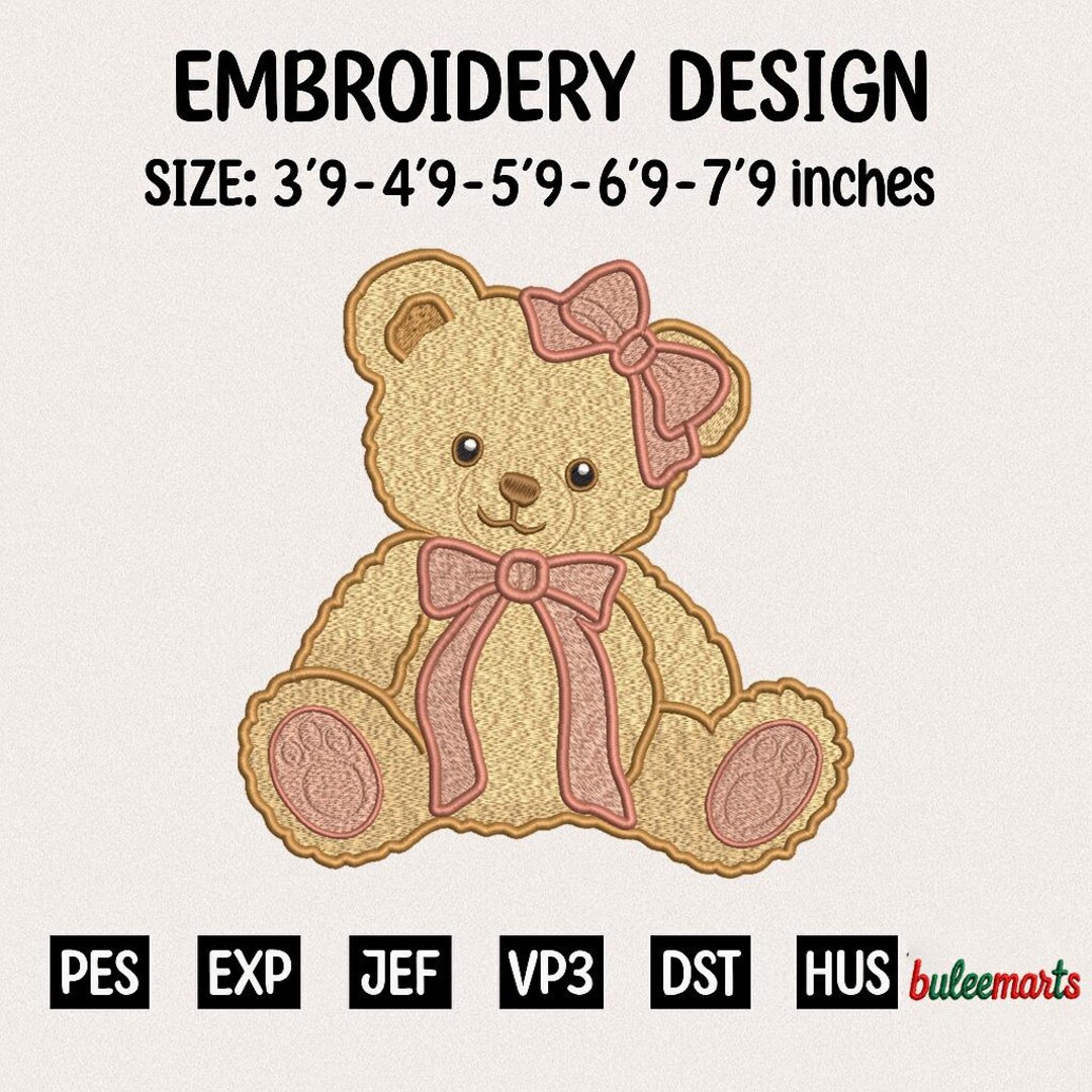 Teddy Bear, Cute Bear With Bow Embroidery Design, Instant Download Dst ...
